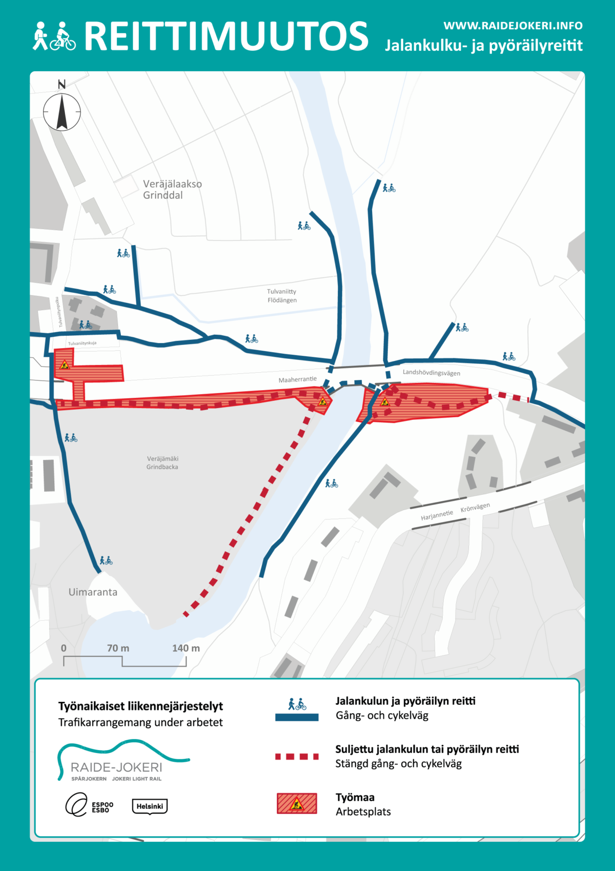 Maaherrantien eteläpuolen jalankulku- ja pyörätie välillä ...