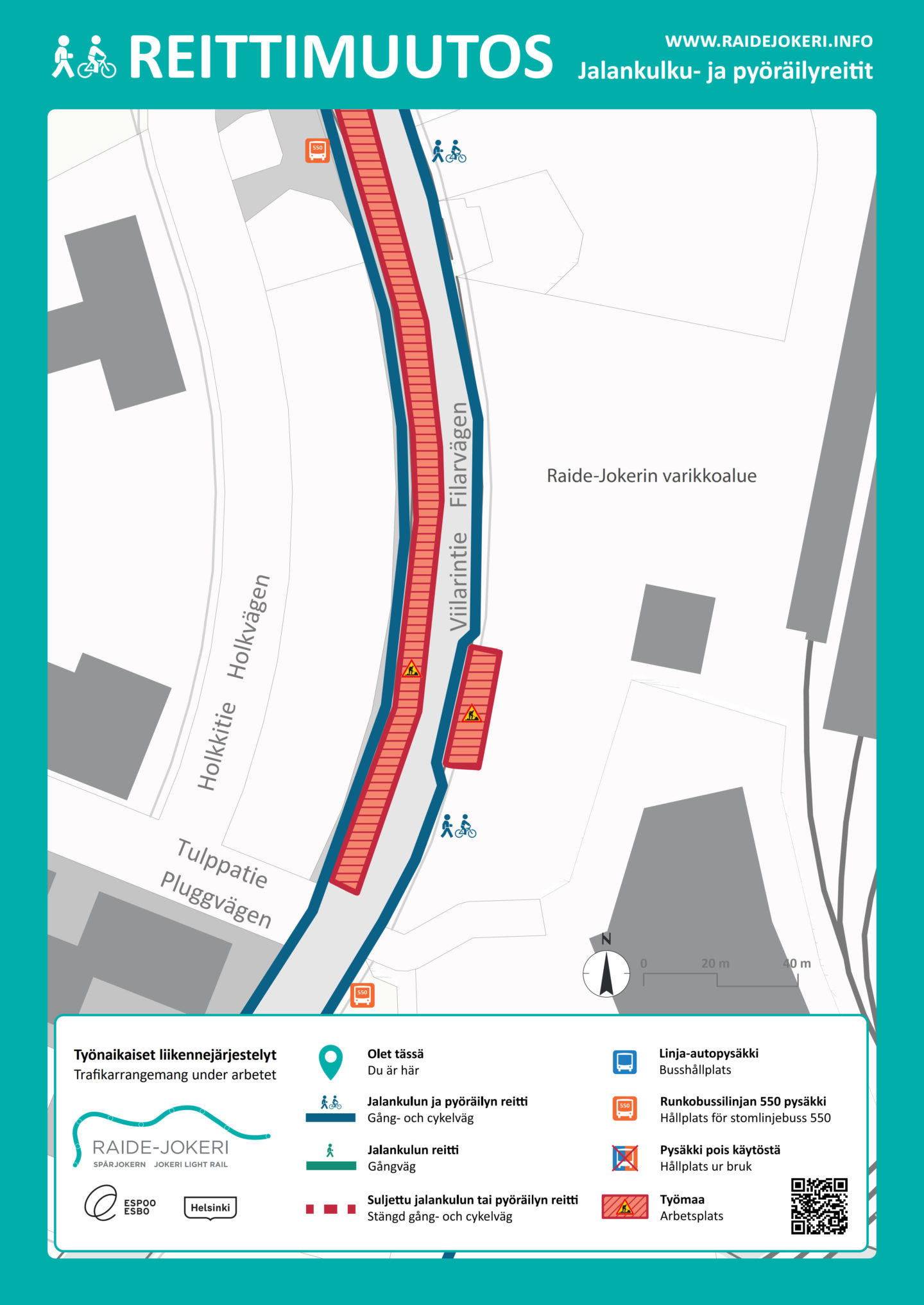 Pyöräily ja jalankulku ohjataan yhdelle kaistalle 30 metrin matkalta ...
